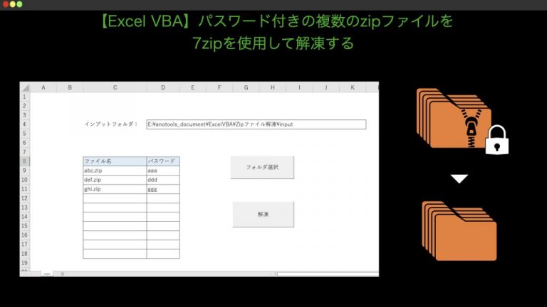 【Excel VBA】パスワード付きの複数のzipファイルを7zipを使用して解凍する / え〜のう